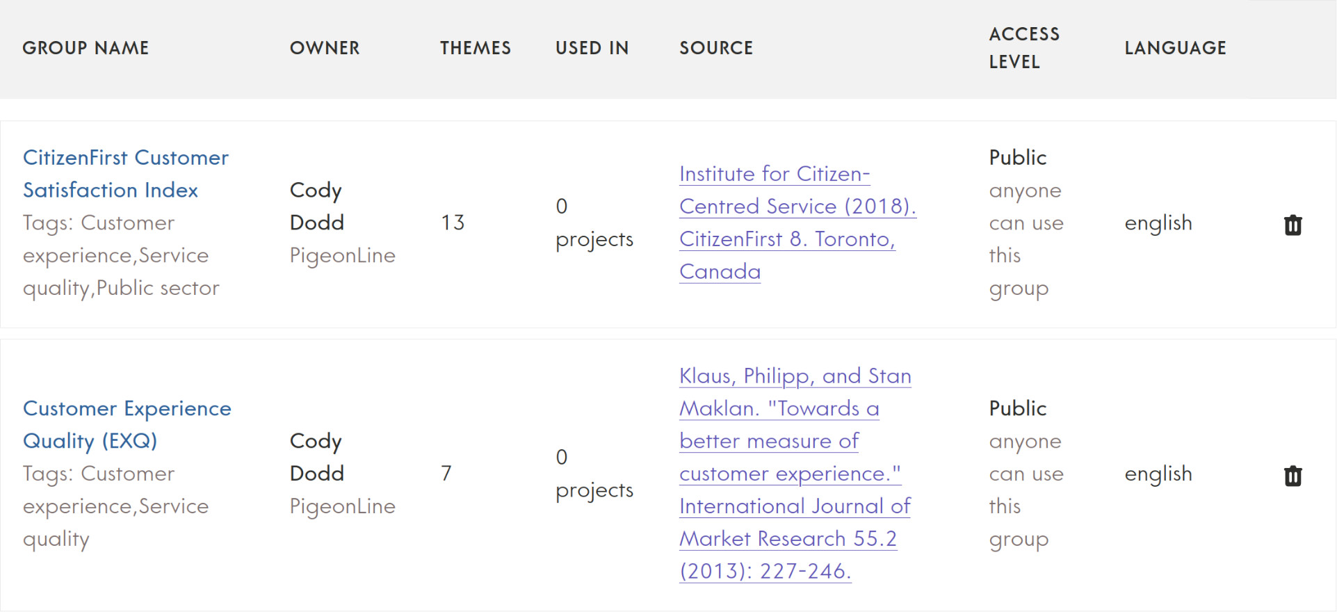 screenshot of two pre-uploaded custom text models